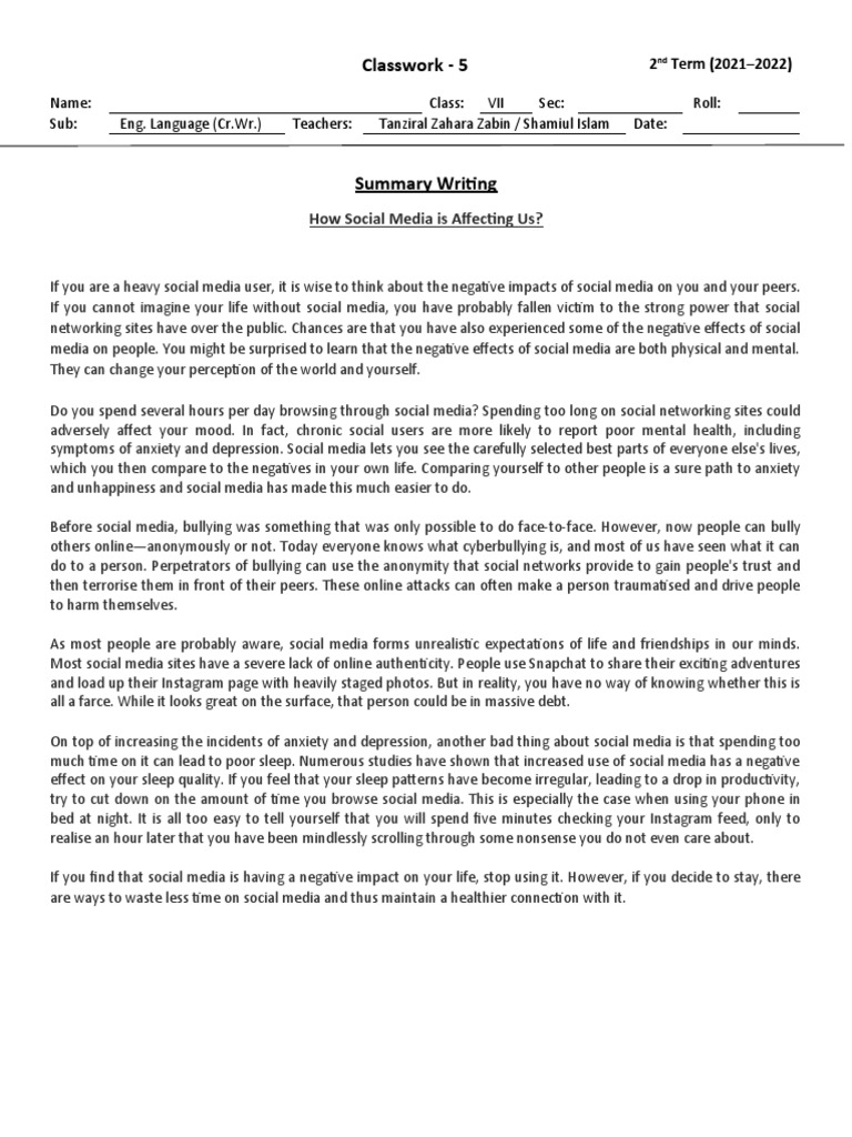 Classwork - 5 (Summary Writing) | PDF | Popular Culture & Media Studies | Social Media