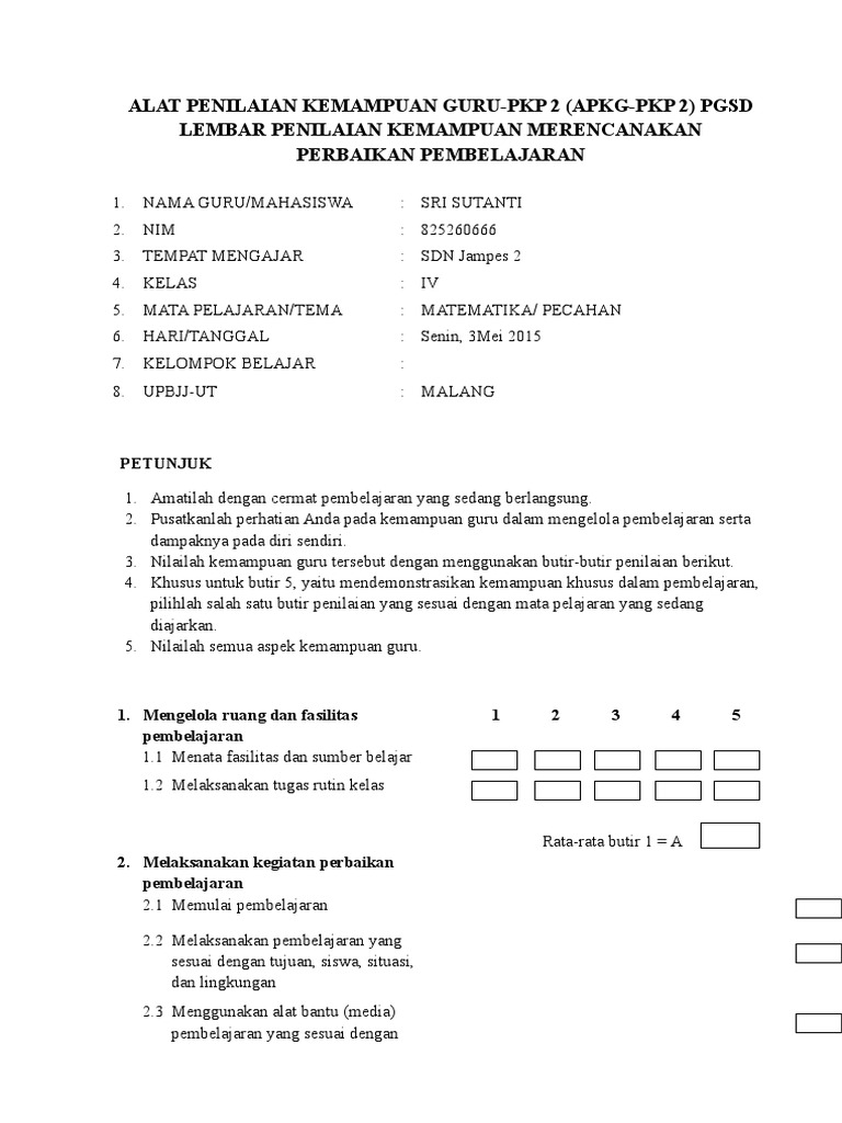Alat Penilaian Kemampuan Guru-Pkp 2 (Apkg-Pkp 2) PGSD Lembar Penilaian Kemampuan Merencanakan ...