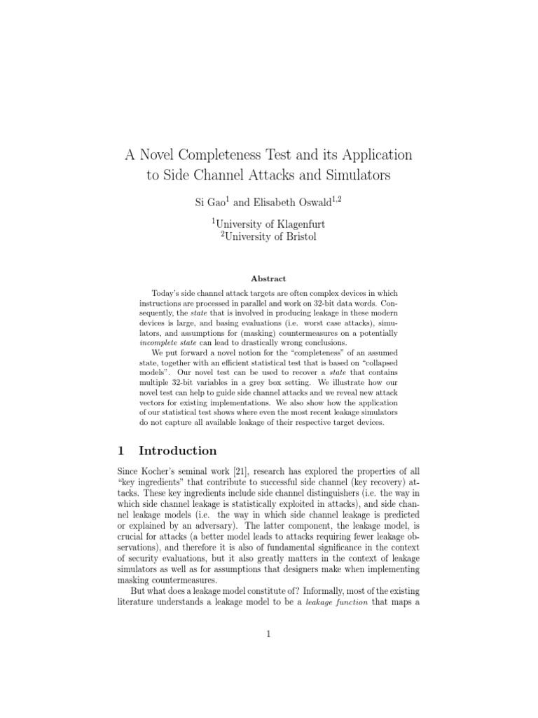 A Novel Completeness Test and Its Application To Side Channel Attacks ...