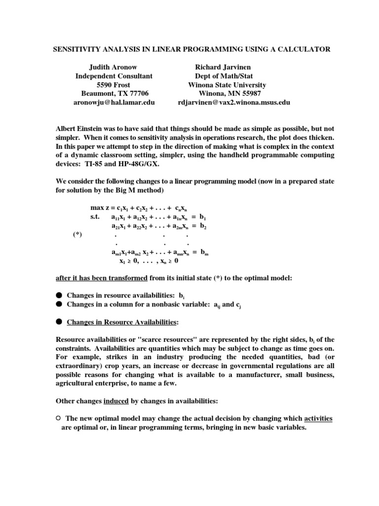 Sensitivity Analysis in Linear Programming Using A Calculator | PDF | Mathematical Optimization ...