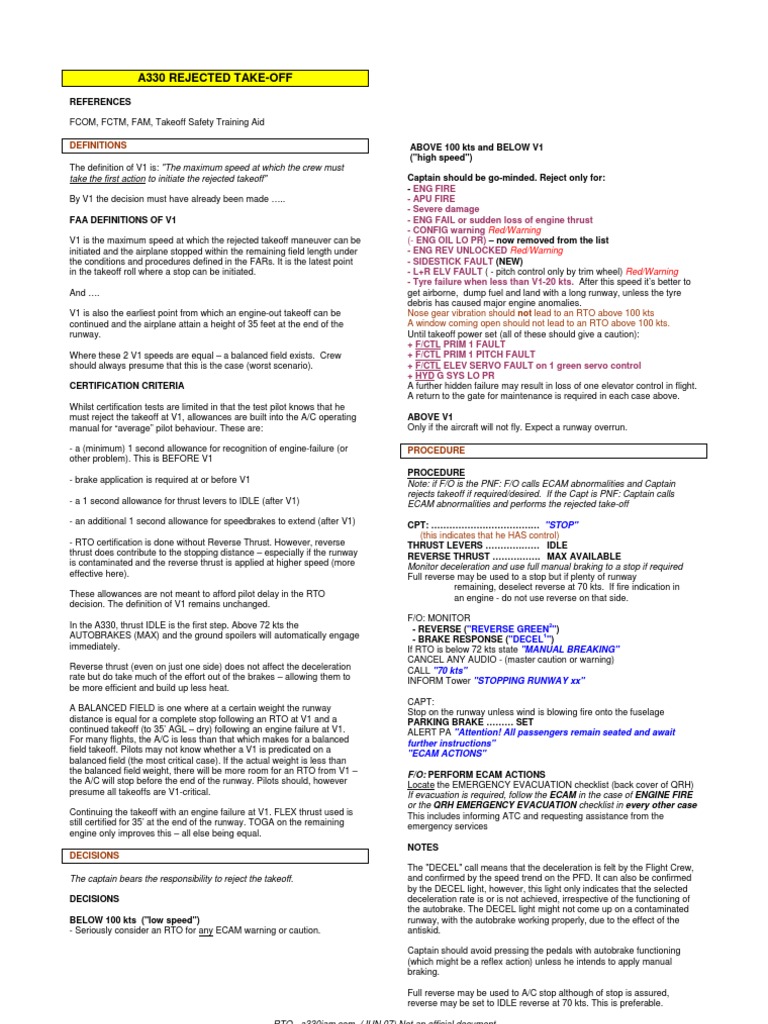A330 Rejected Takeoff Procedures | PDF | Takeoff | Runway