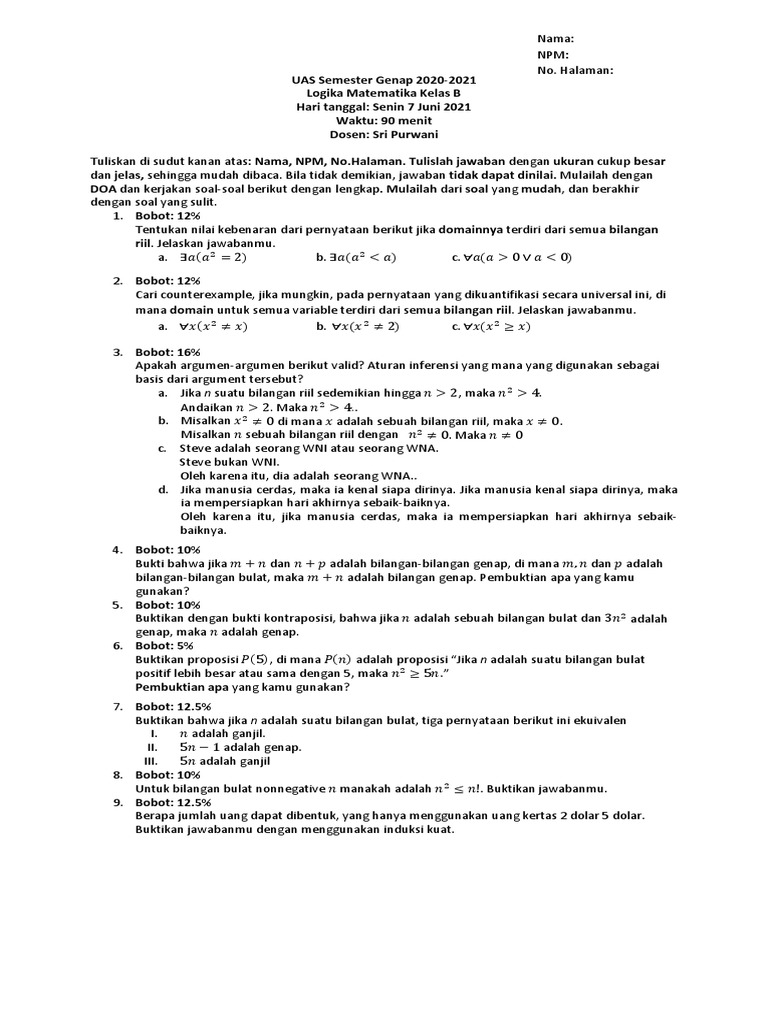 UAS Logika Matematika 6 - 7 2021 | PDF