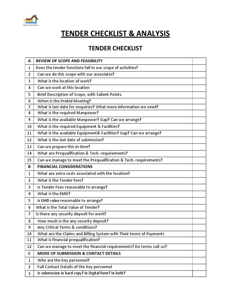 Tender Checklist & Analysis | PDF