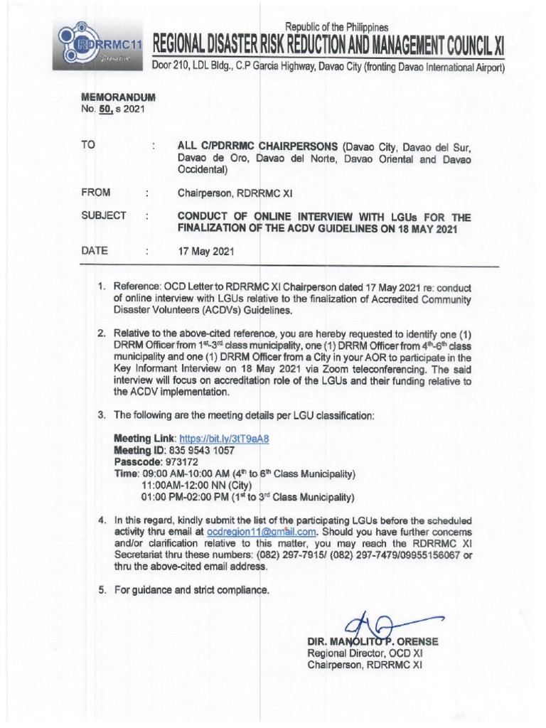 RDRRMC Memo50 Re Interview For ACDV Guidelines | PDF