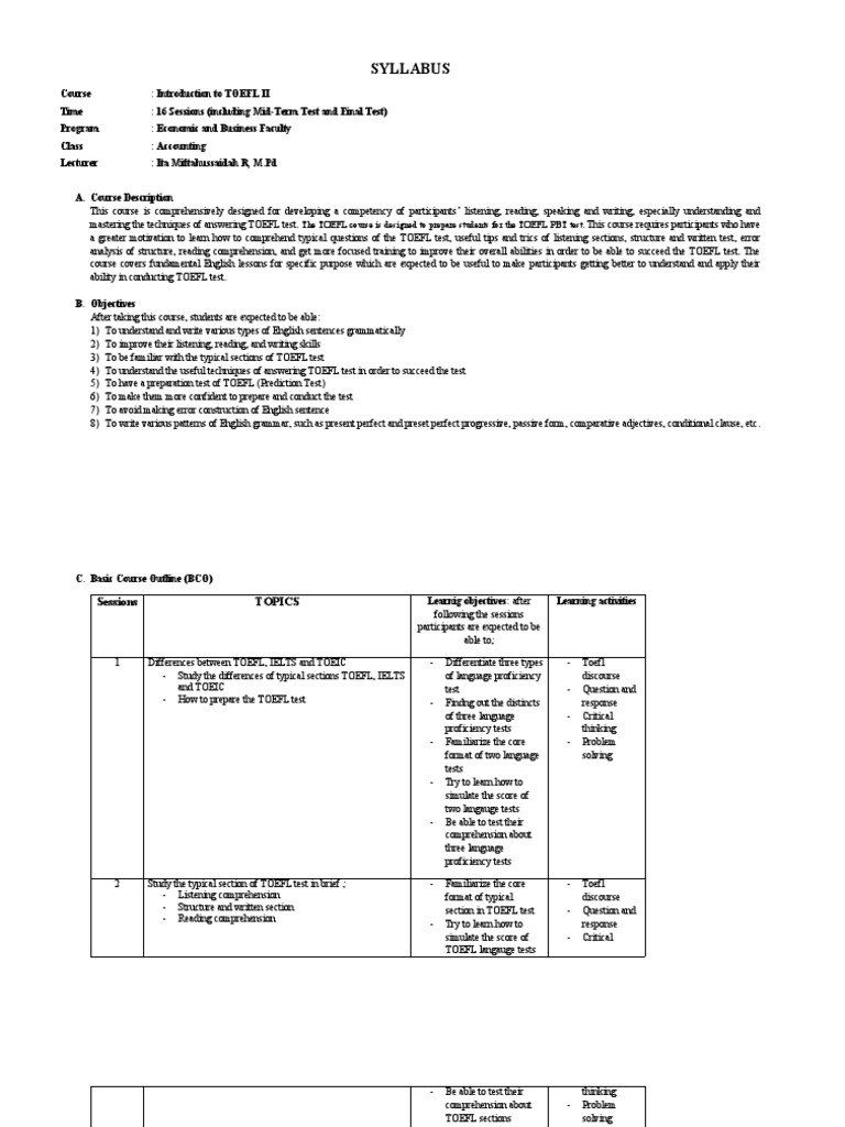 TOEFL Preparation Course Syllabus | PDF | Reading Comprehension | Test ...
