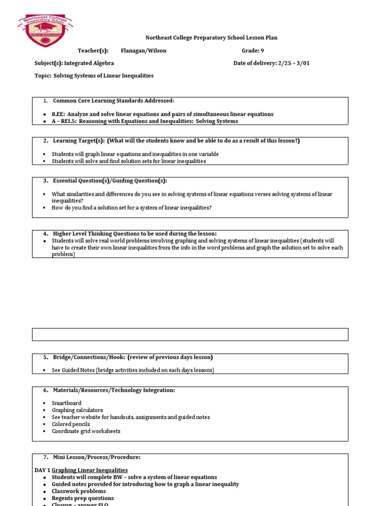 Solving Systems of Linear Inequalities Lesson Plans | PDF | Equations ...
