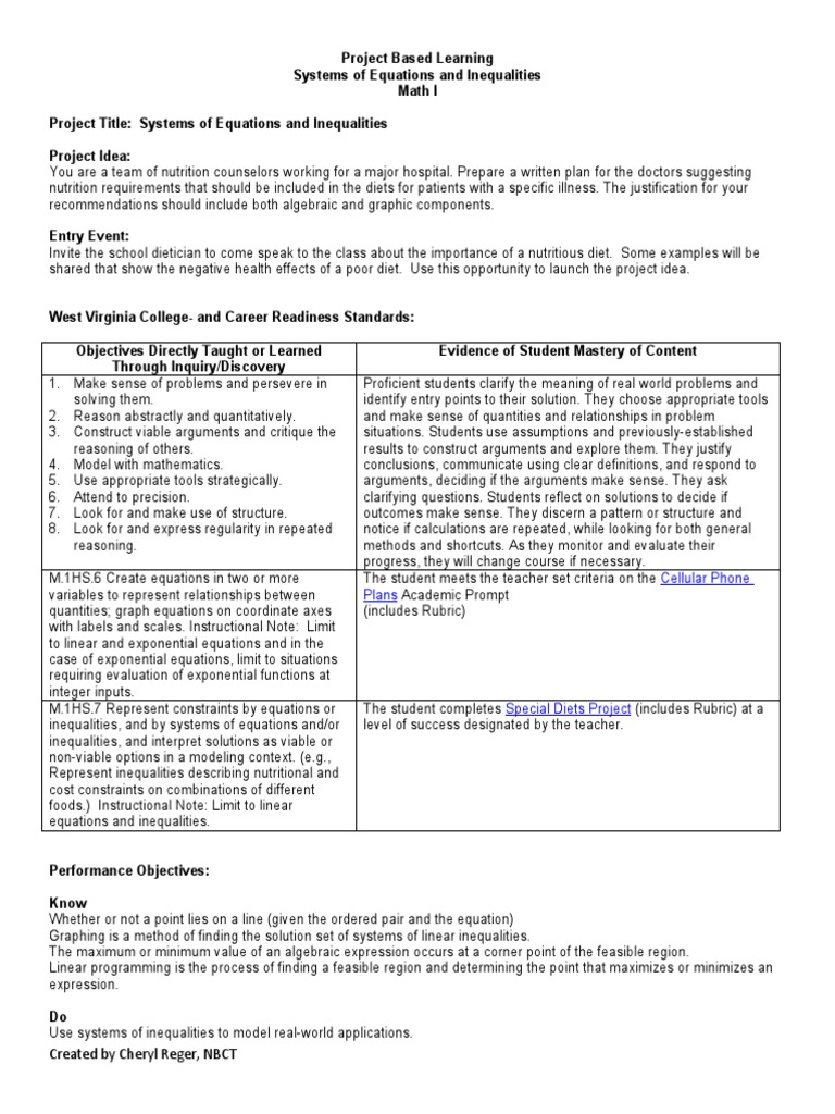 Systems of Equations and Inequalities PBL | PDF