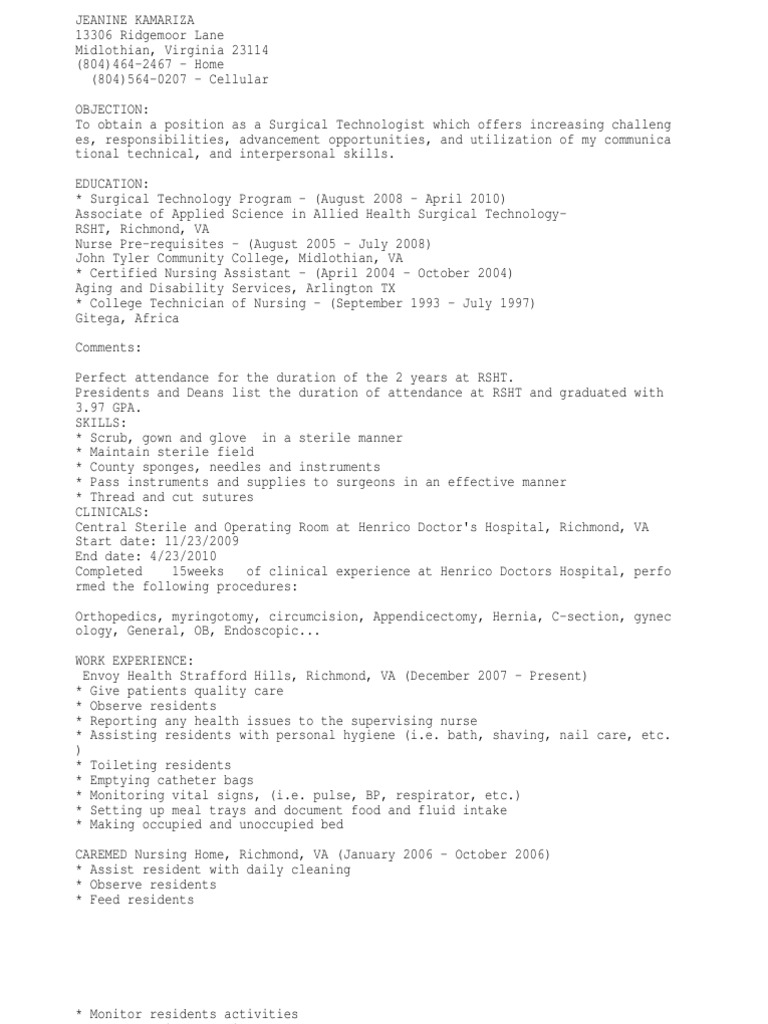 Surgical Technologist Certification Resume | PDF | Surgery | Health Care