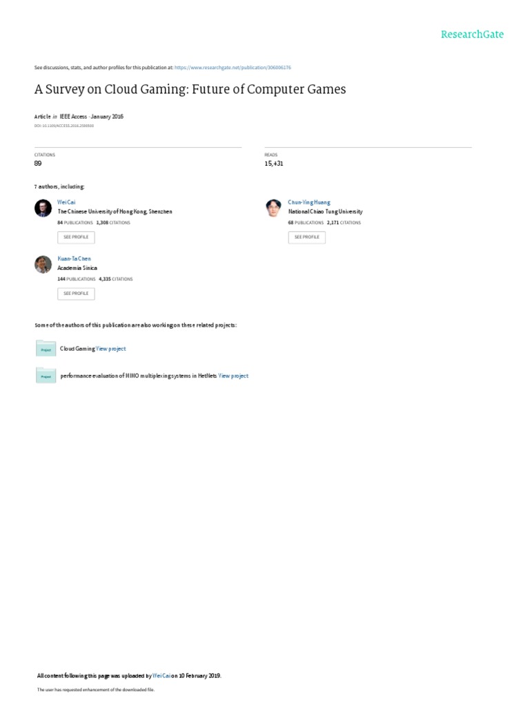 A Survey On Cloud Gaming Future of Computer Games | PDF