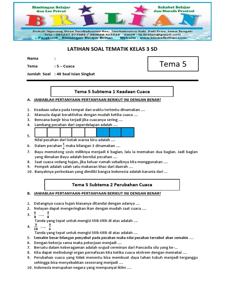 Soal Isian Singkat Kelas 3 SD Tema 5 Cuaca | PDF