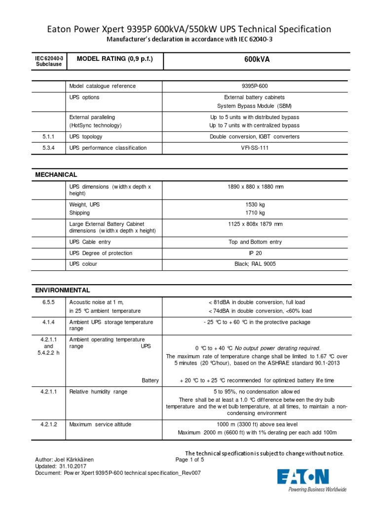 Eaton Power Xpert 9395P 600kVA/550kW UPS Technical Specification | PDF ...