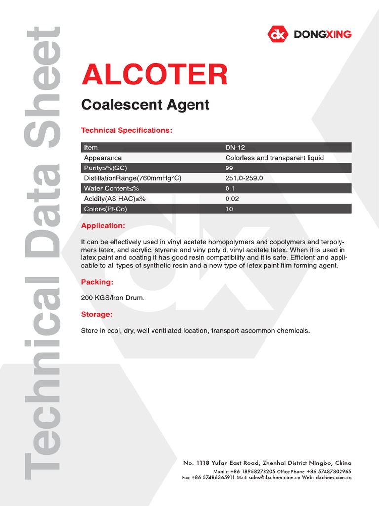 Coalescent Agent ALCOTER Equivalent TEXANOL | PDF
