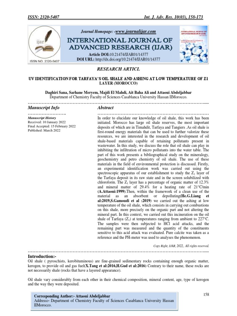 Uv Identification For Tarfayas Oil Shale and Ashing at Low Temperature ...