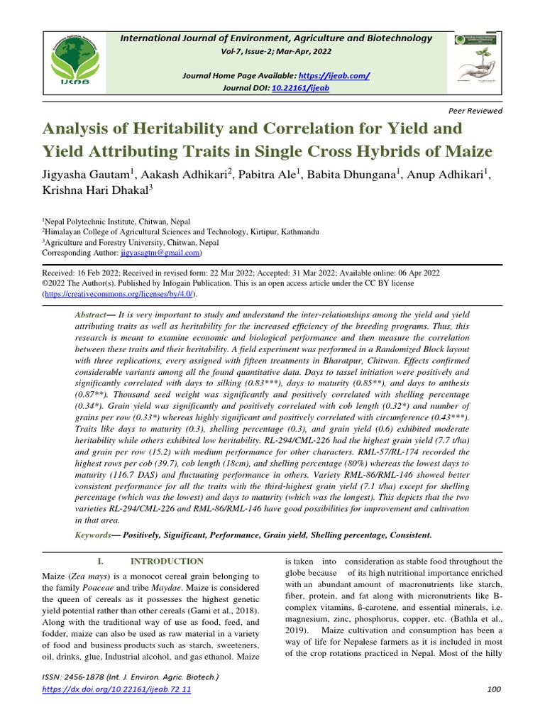 Analysis of Heritability and Correlation For Yield and Yield Attributing Traits in Single Cross ...