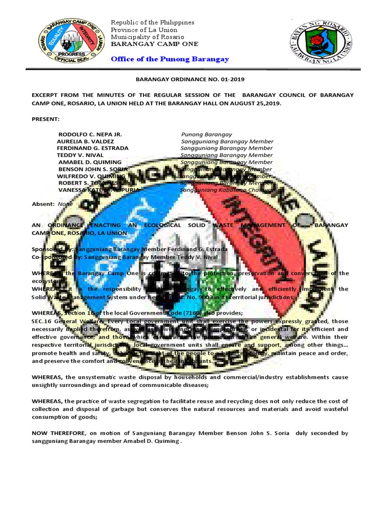 Brgy Ordinance Solid Waste | PDF | Municipal Solid Waste | Waste Management