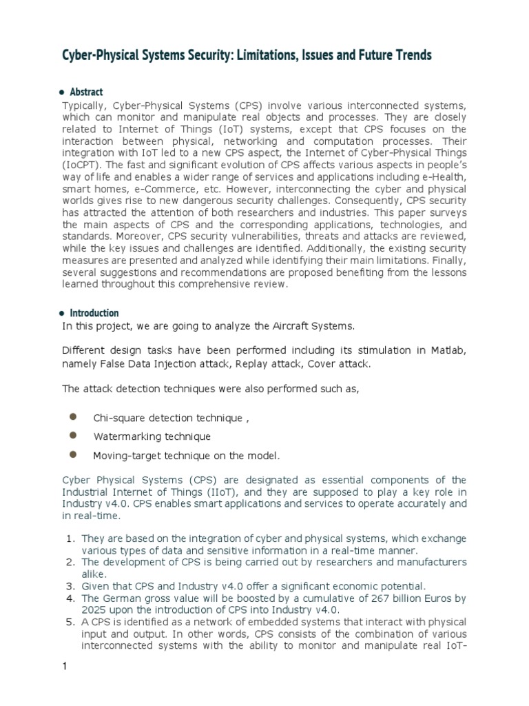 Cyber-Physical Systems Security - Limitations, Issues and Future Trends ...