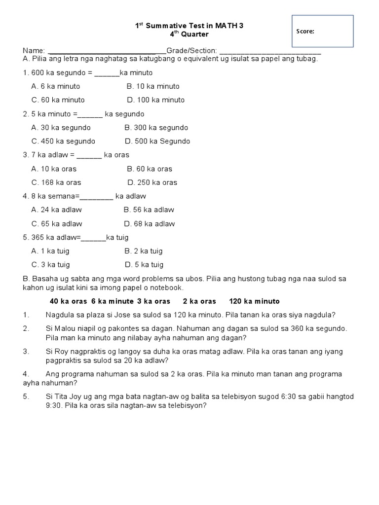 1st Summative Test in MATH 3 | PDF