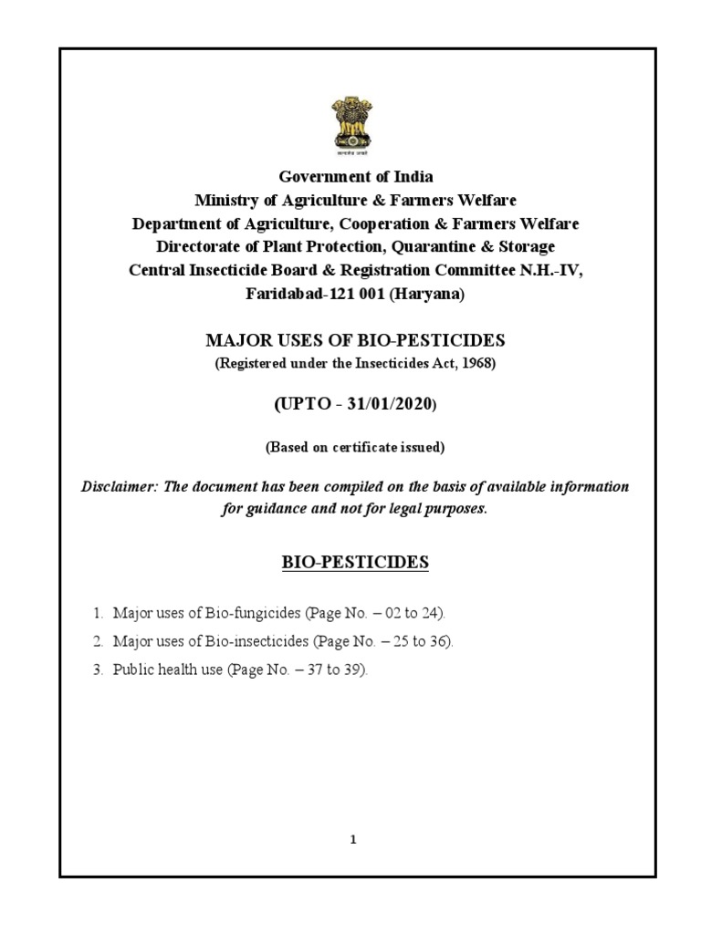 Major Uses of Bio-Pesticides: (Registered Under The Insecticides Act ...