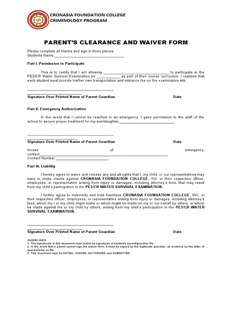 Parent'S Clearance and Waiver Form: Cronasia Foundation College ...