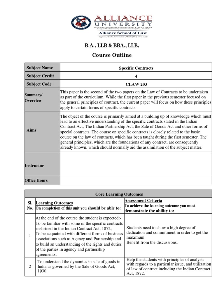 Specific Contracts Course Outline Pdf Test Assessment Guarantee