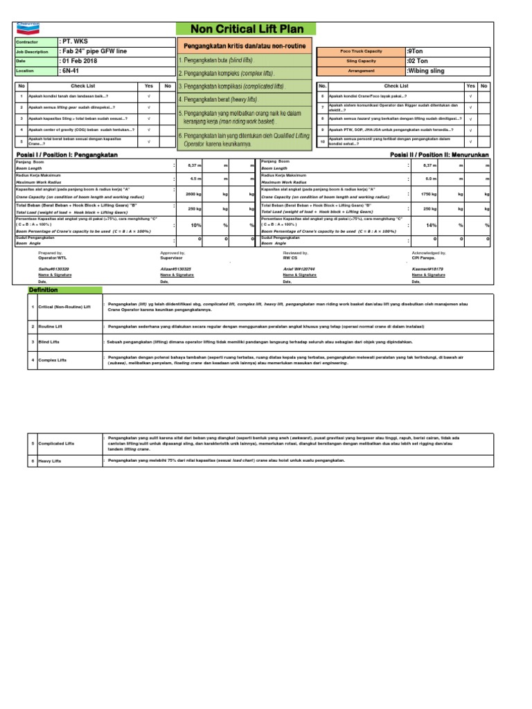 Non Critical Lift Plan Form (HO-IM) | PDF