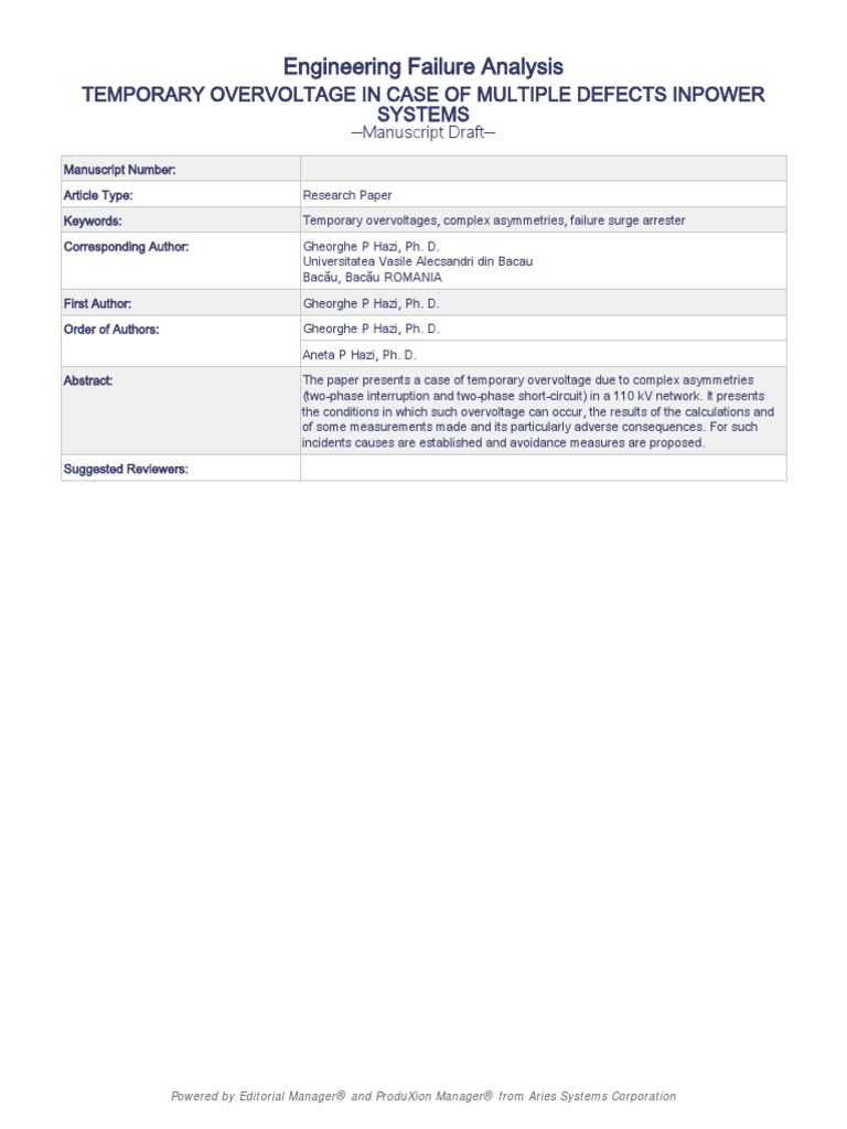 Engineering Failure Analysis: Temporary Overvoltage in Case of Multiple ...