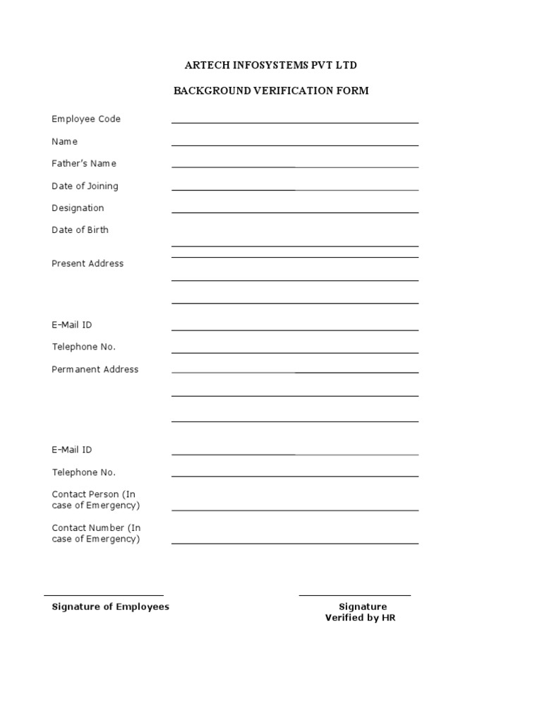 Artech Infosystems PVT LTD Background Verification Form | PDF ...