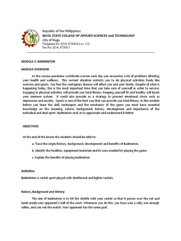 PE 3 Module 2 Badminton | PDF