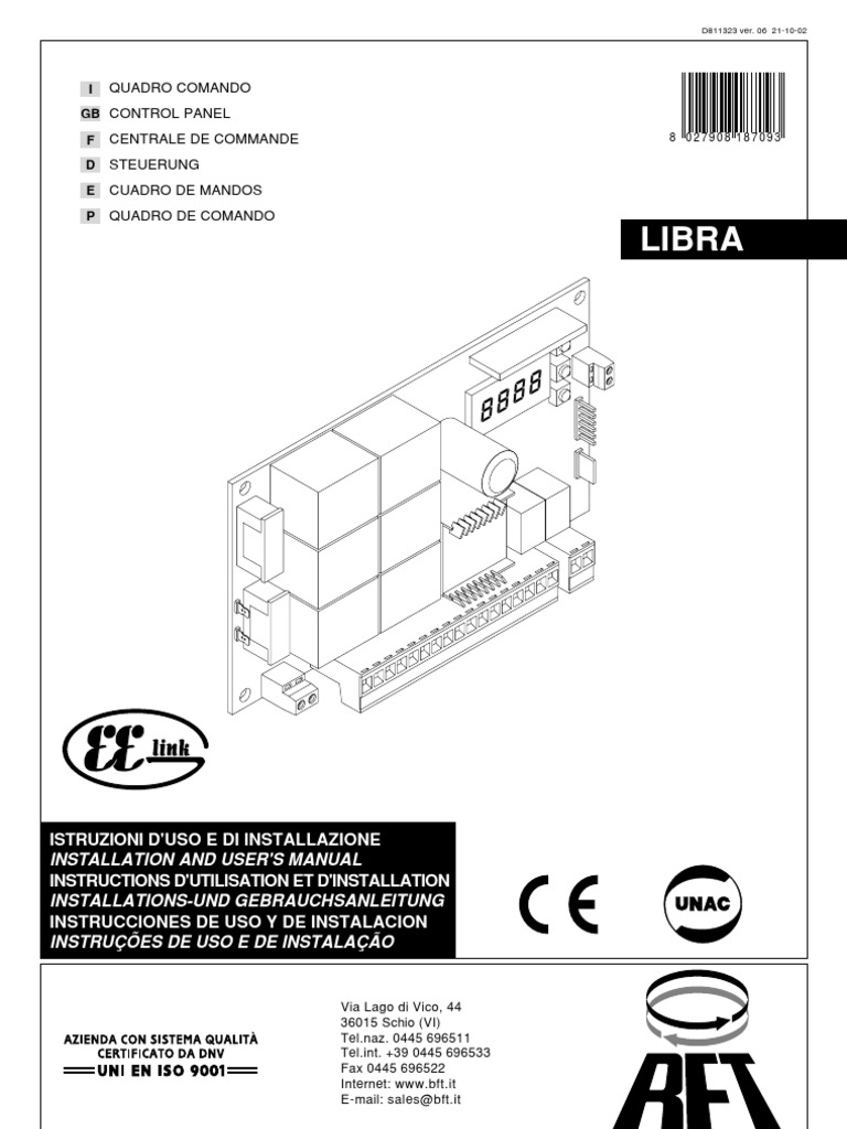 BFT LIBRA Control Panel | PDF | Mains Electricity | Battery Charger