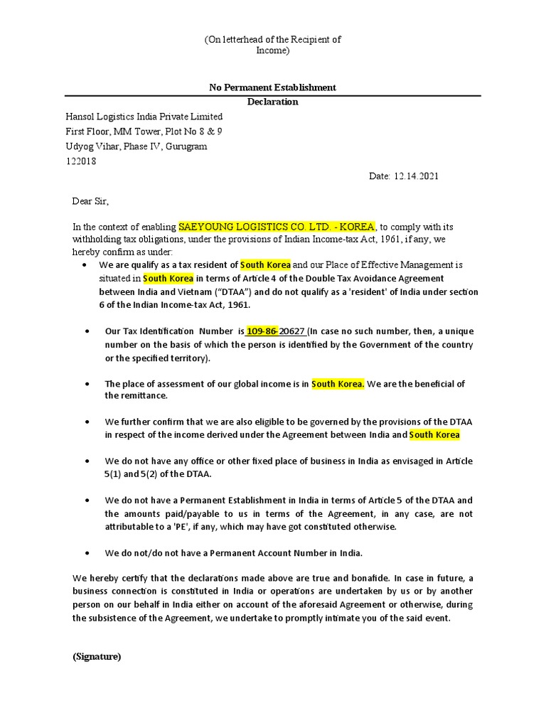 2.no Permanent Establishment Declaration | PDF