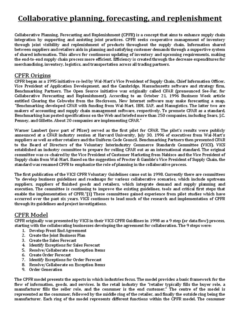 Collaborative Planning, Forecasting, and Replenishment: CPFR Origins ...
