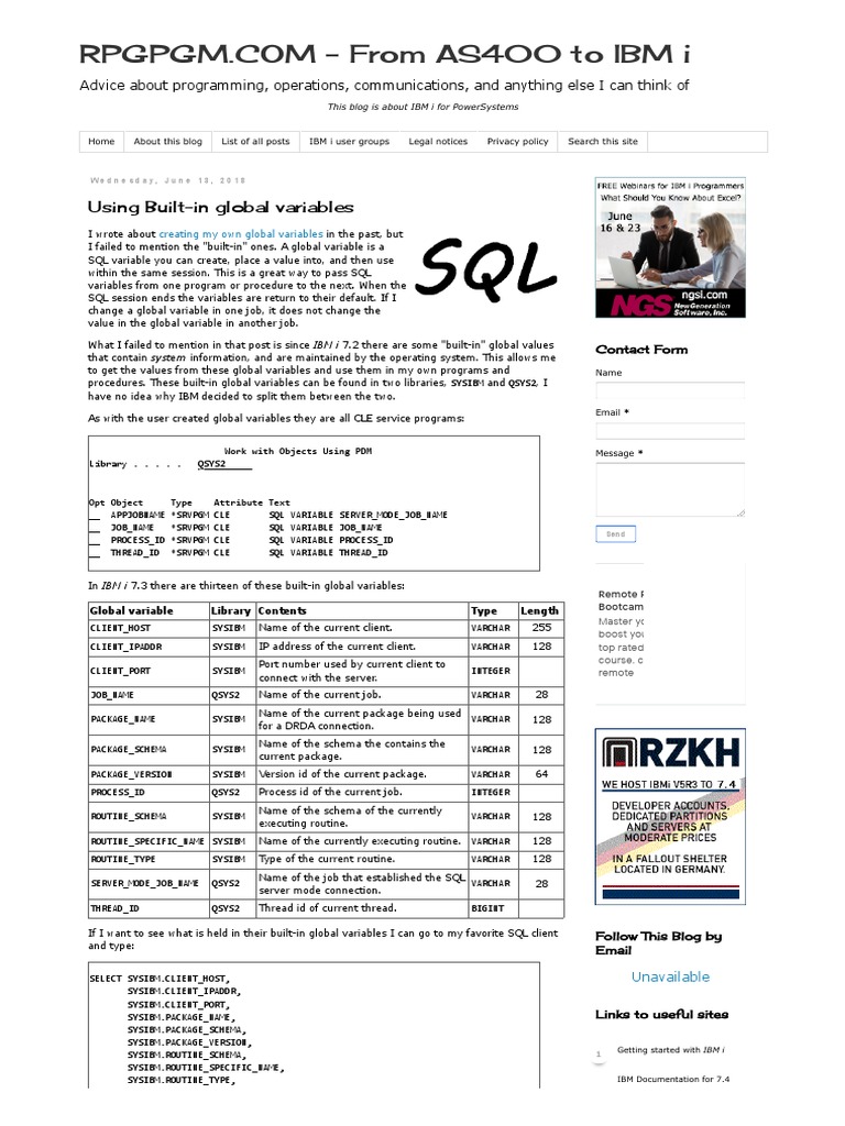 Using Built-In Global Variables | PDF | Ibm Rpg | Sql
