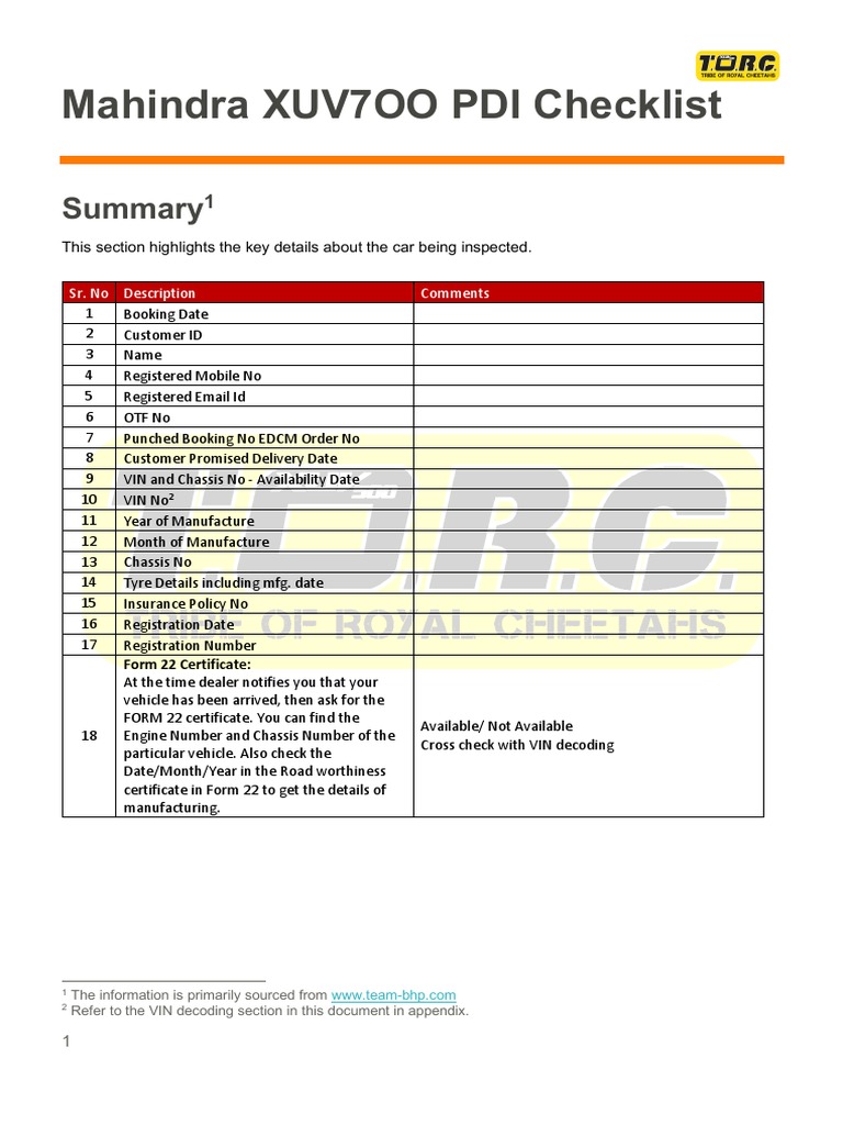 Mahindra XUV7OO - PDI Checklist | PDF | Tire | Receipt