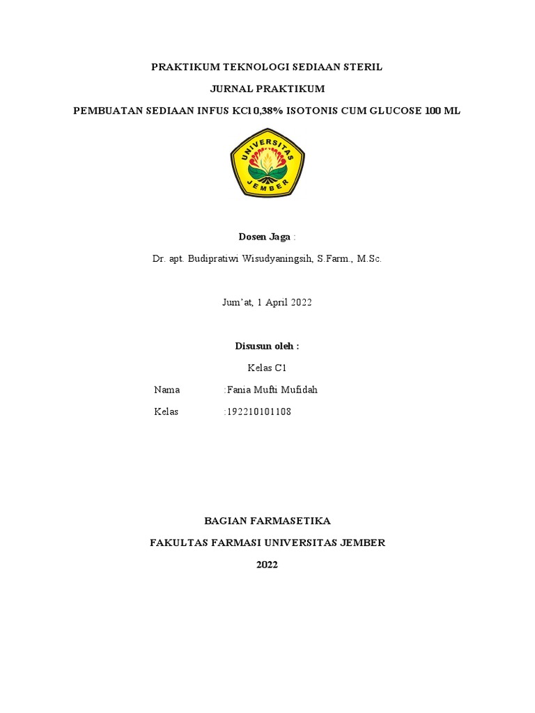 Pembuatan Sediaan Infus KCl 0,38% Isotonis Cum Glukosa 100 ml | PDF