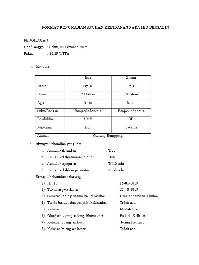 Format Pengkajian Asuhan Kebidanan Pada Ibu Bersalin | PDF Format Pengkajian Asuhan Kebidanan Pada Ibu Bersalin | PDF