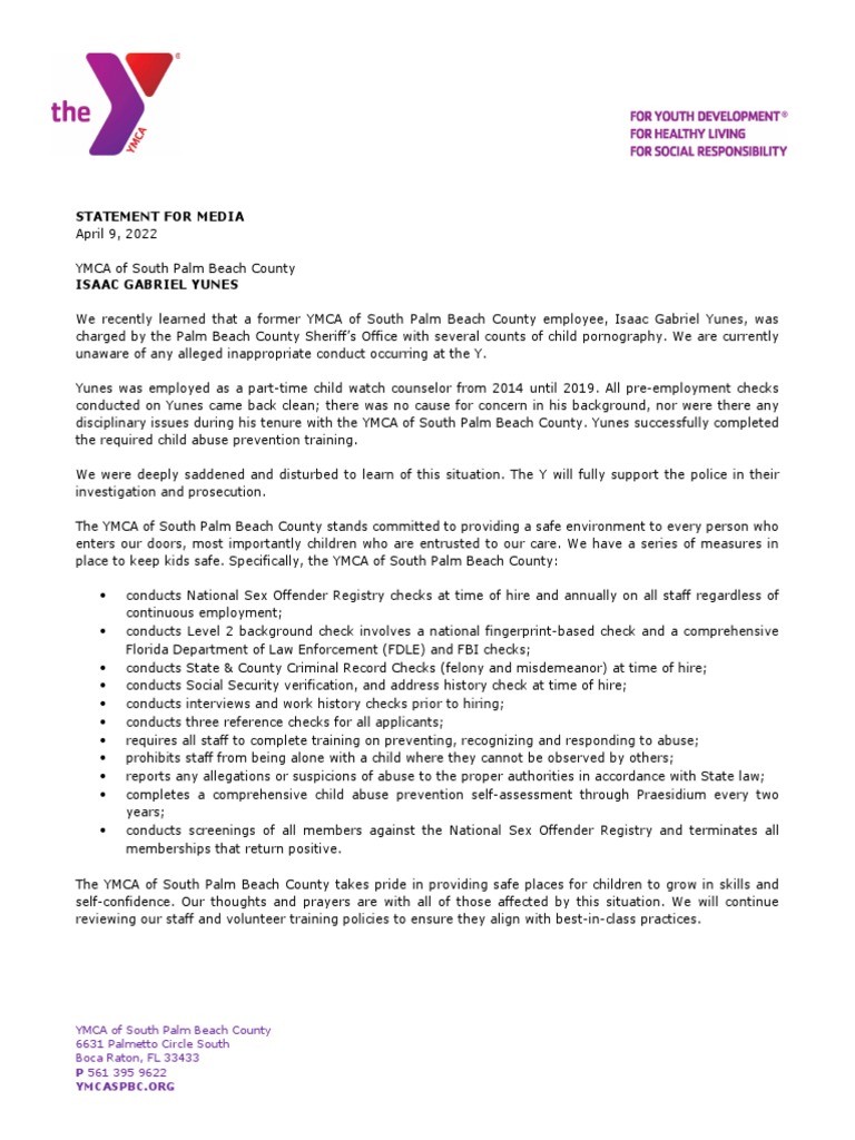 YMCA Statement on Former Employee's Charges | PDF | Politics