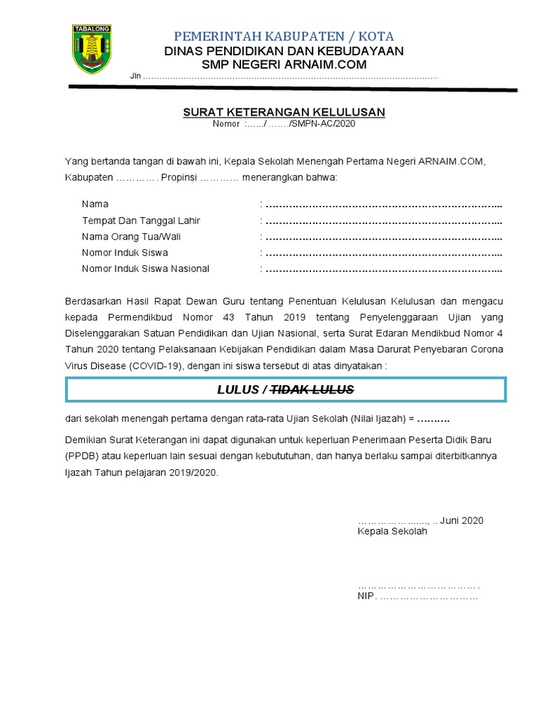 Surat Keterangan Lulus SMP | PDF