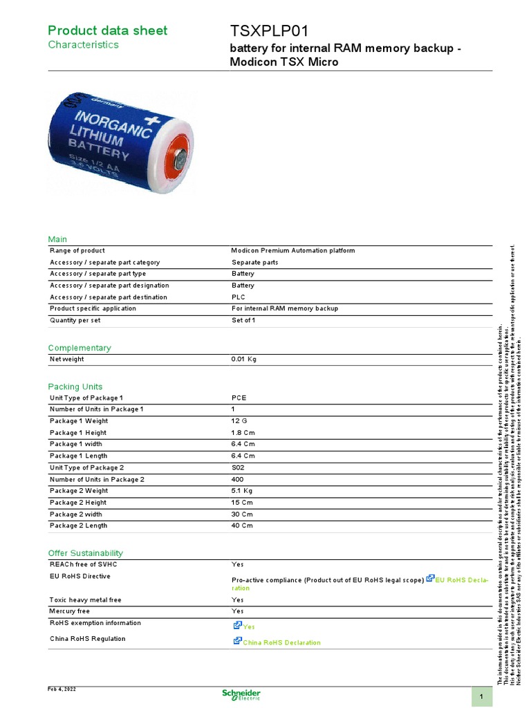 Battery for Internal RAM Memory Backup - Modicon TSX Micro: Product ...