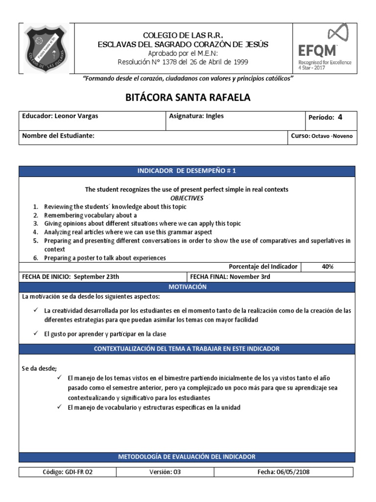 Bitácora de Inglés: Indicadores de Desempeño | PDF