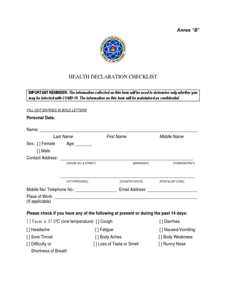 2020-68 Annex B - Health Declaration Form110320 | PDF | Diseases And ...