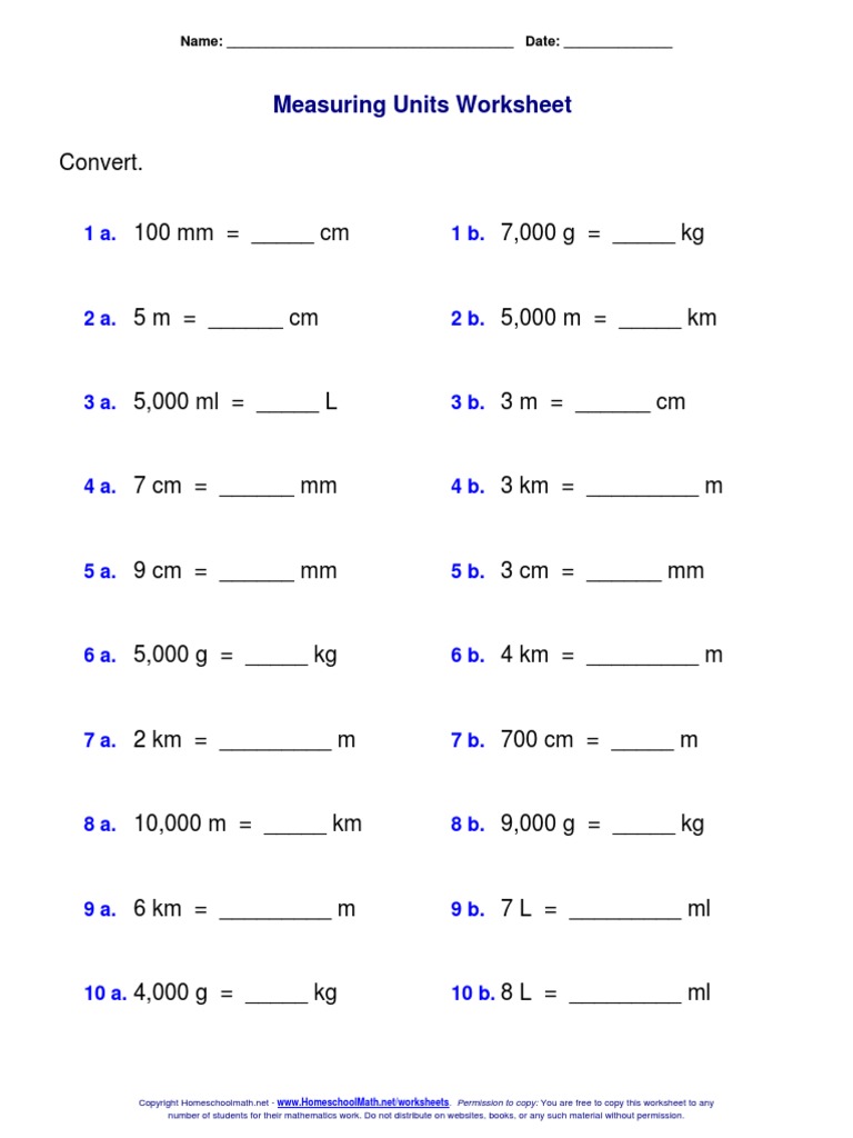 Measuring Units Worksheet: Name: - Date | PDF