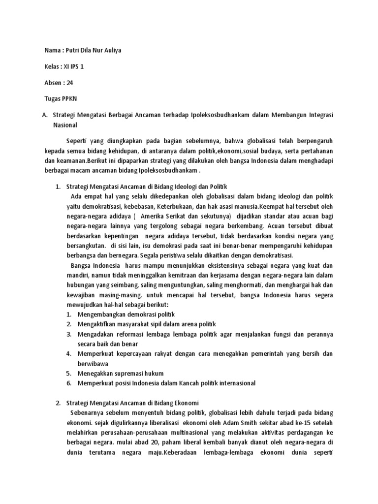 Strategi Mengatasi Berbagai Ancaman Terhadap Ipoleksosbudhankam Dalam