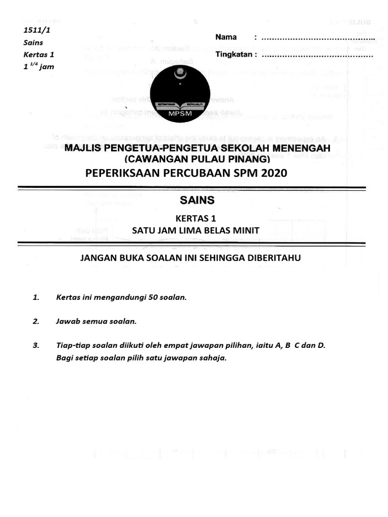 Muka Depan Kertas 1 Sains SPM | PDF