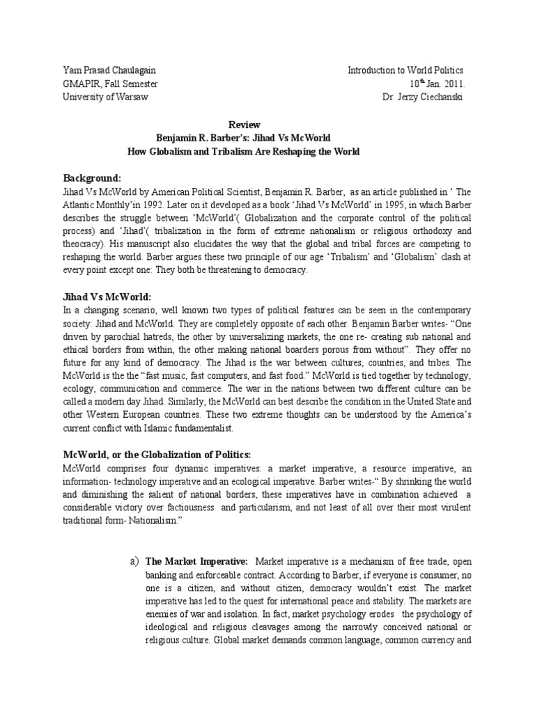 Review: Benjamin R. Barber'S: Jihad Vs Mcworld How Globalism and Tribalism Are Reshaping The ...