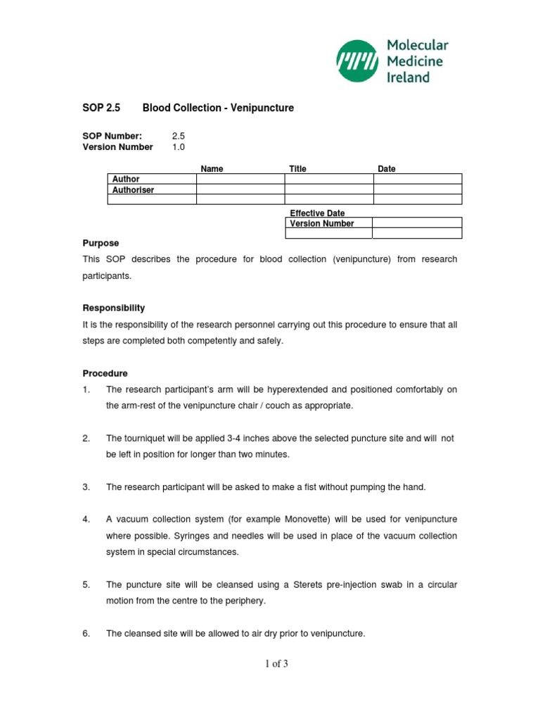 SOP 2.05 Blood Collection - Venipuncture | PDF | Medicine | Medical ...