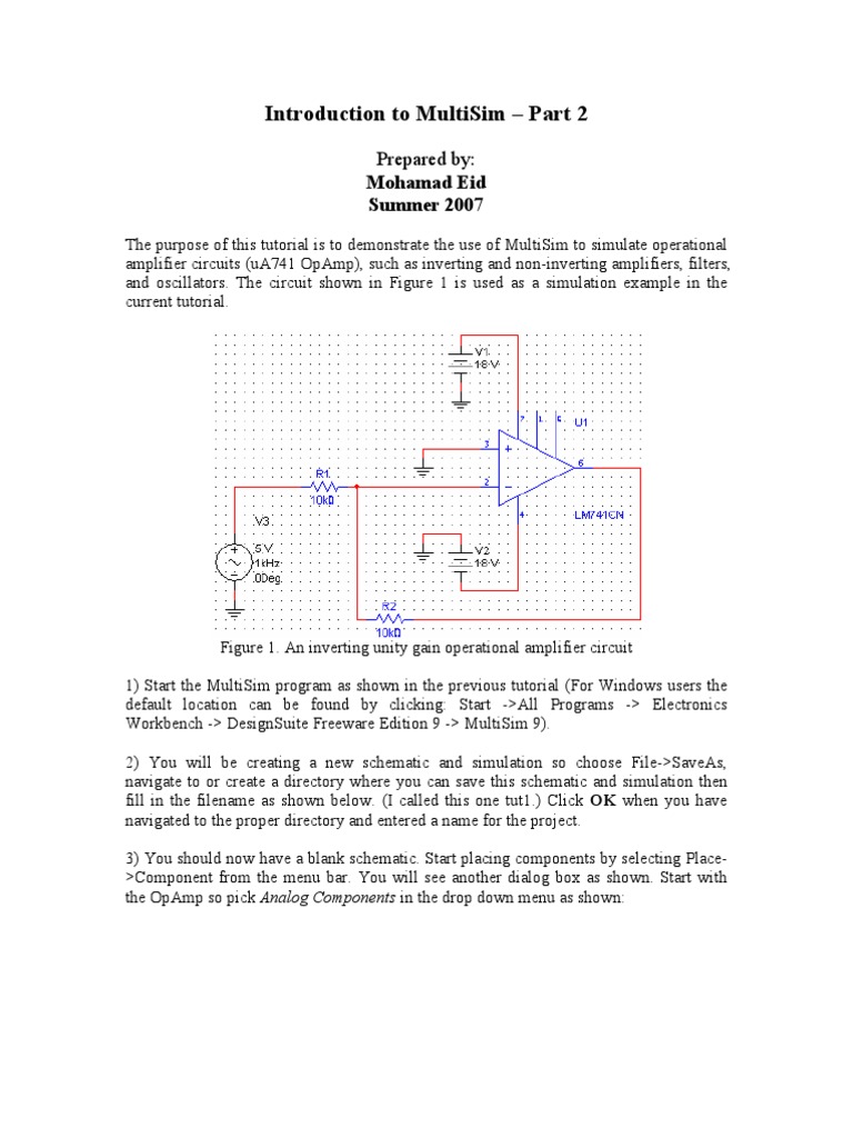 Investing amplifier circuit multisim 11