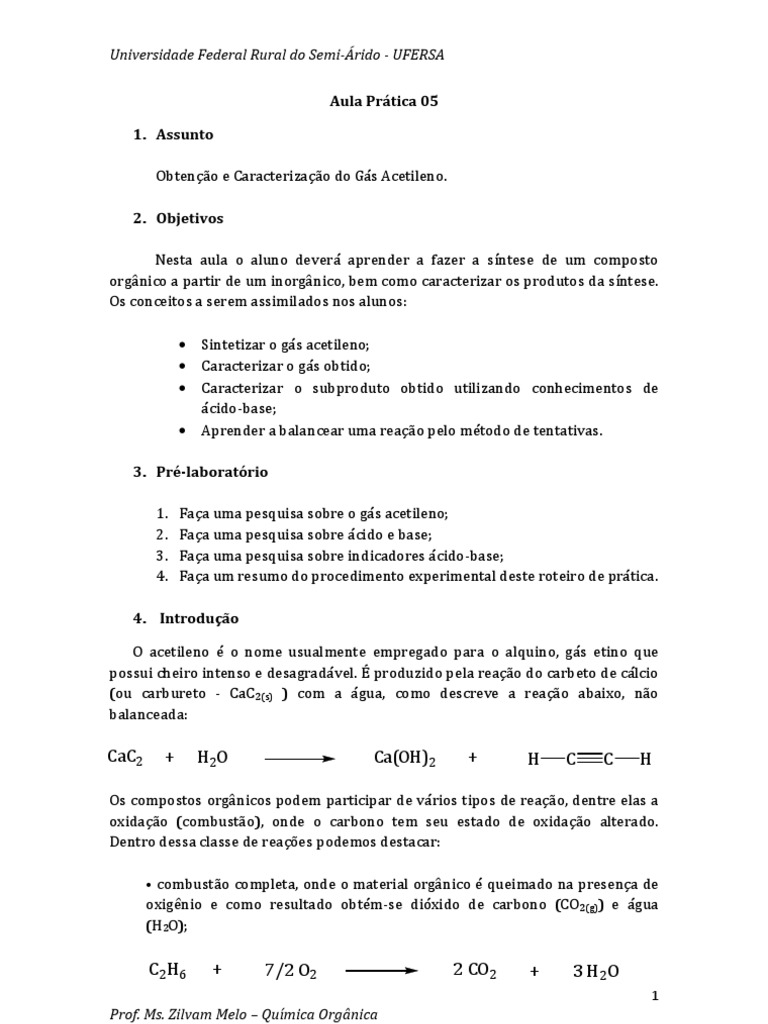 Aula - Pratica.05 Obtencao - Do.gas - Acetileno | PDF | Carbono | Combustão
