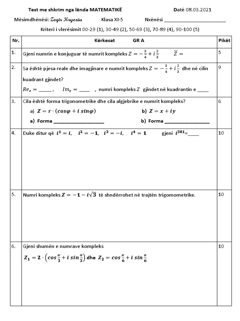 11 Test 3 Matematikë 2020-21 | PDF
