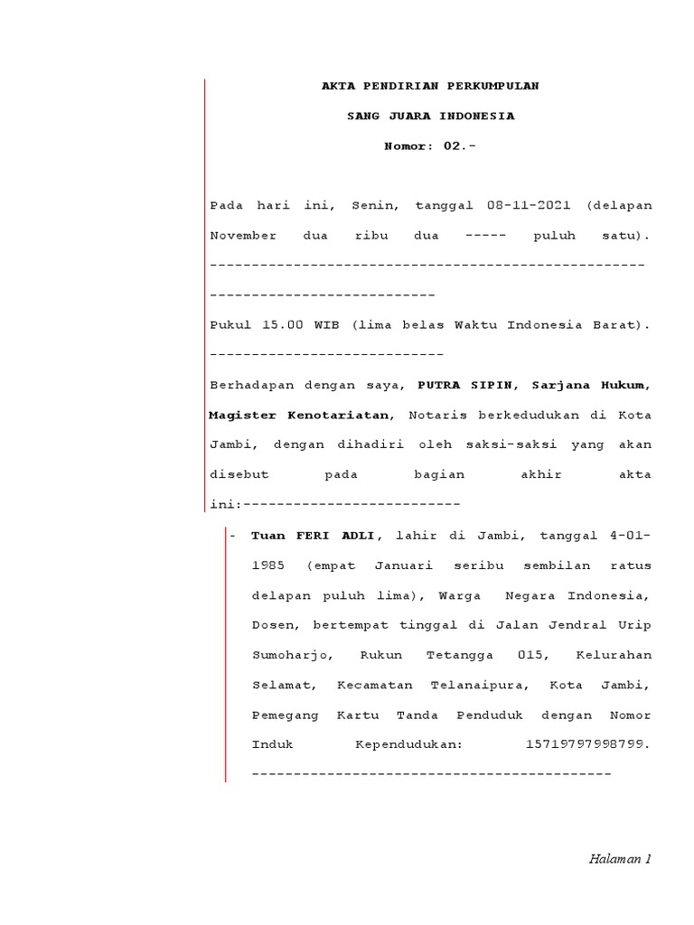 Contoh Akta Pendrian Perkumpulan Berbadan Hukum | PDF