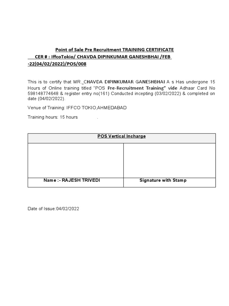 Training Certificate Format | PDF